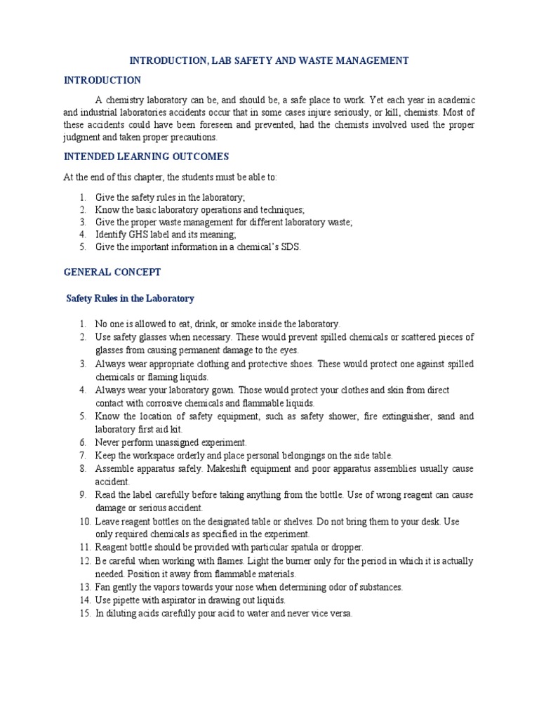 Excercise 1 Introduction Lab Safety Waste Management | PDF | Science ...