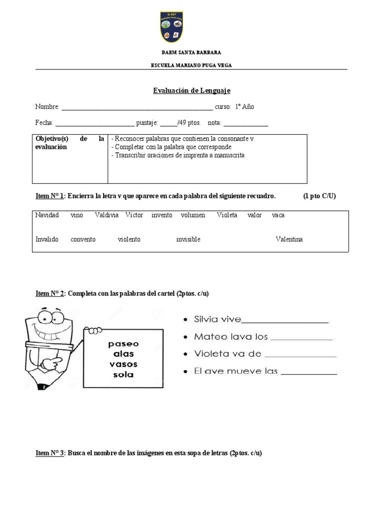 Evaluacion de Consonante V Primer Año Basico | PDF