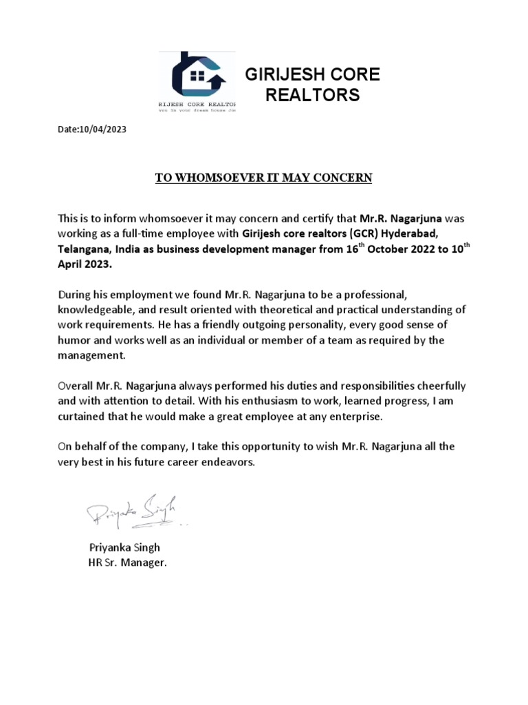 Experience Certificate for R. Nagarjuna | PDF