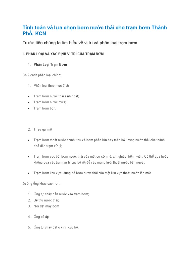 Tính Toán Và Lựa Chọn Bơm Nước Thải Cho Trạm Bơm Thành Phố, KCN | PDF