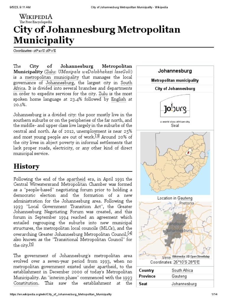 City of Johannesburg Metropolitan Municipality - Wikipedia | PDF