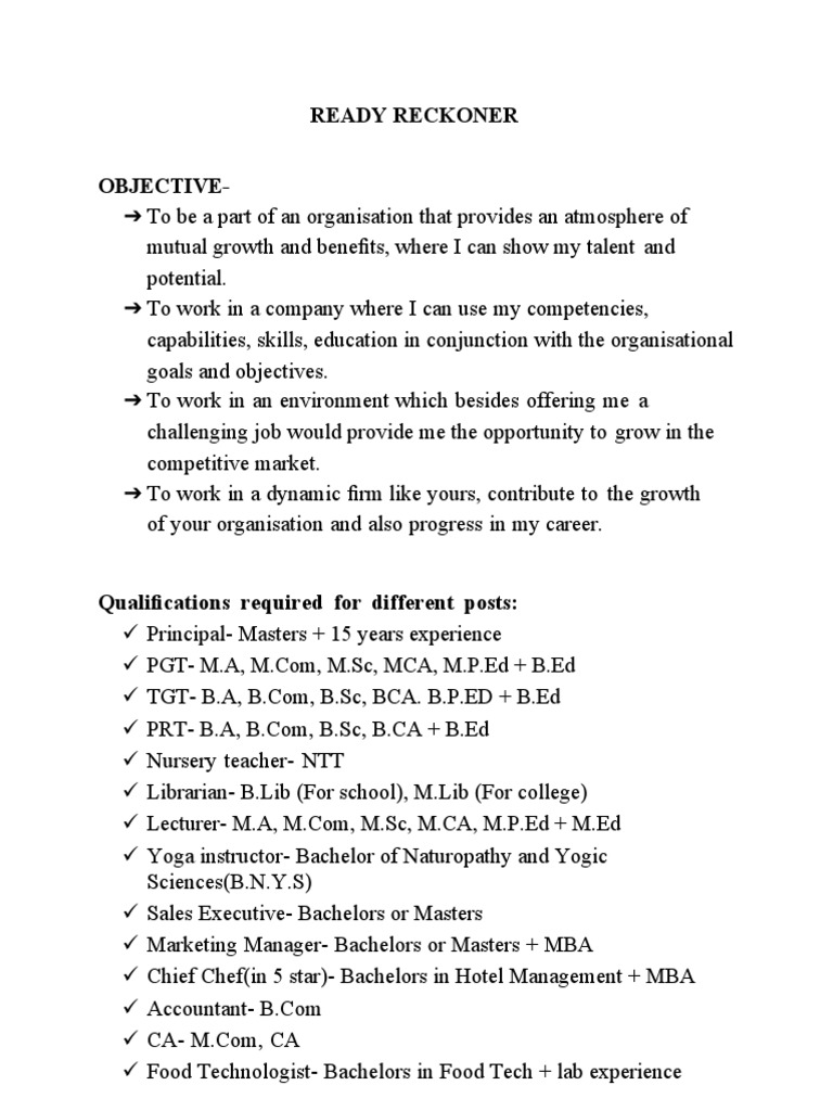 Ready Reckoner - Resume | PDF