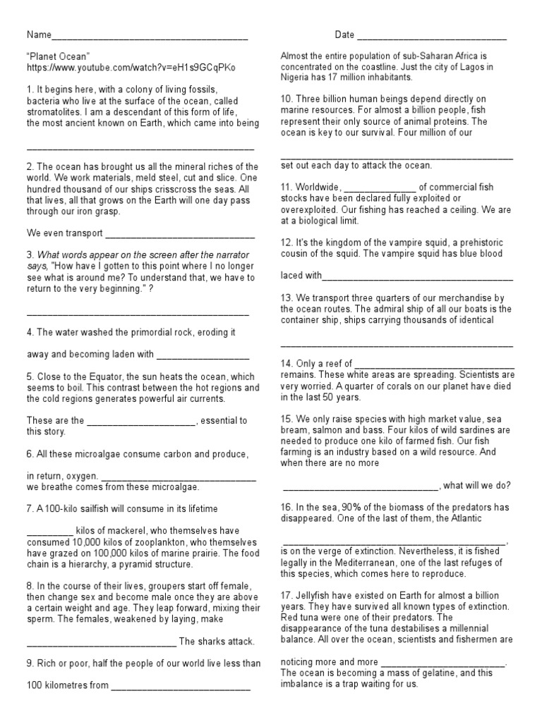 PlanetOceanvideoworksheet 1 | PDF | Oceans | Sea