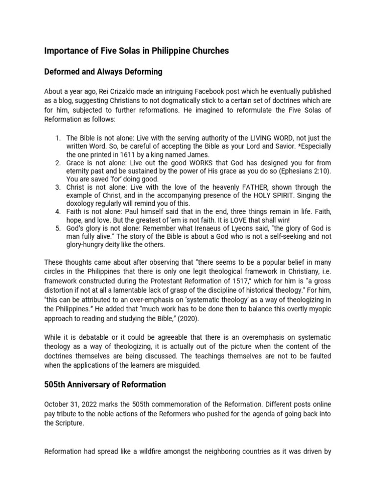 Importance of Five Solas in Philippine Churches | PDF | Sola Fide ...