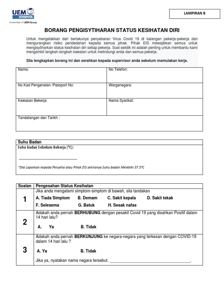 Borang Pengisytiharan Kesihatan Diri_v2 | PDF