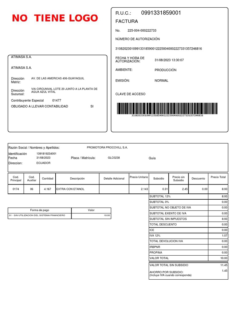 Factura de Venta ATIMASA S.A. | PDF | Factura | Economias