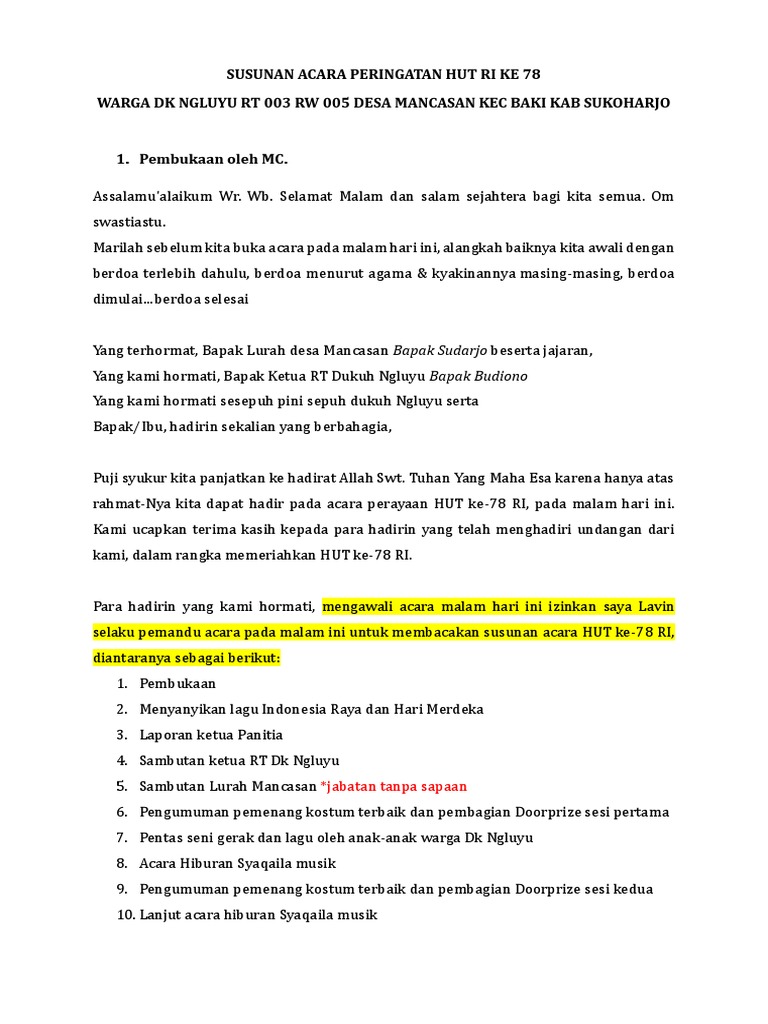 BAHAN MC SUSUNAN ACARA PERINGATAN HUT RI KE 78 (Rev) | PDF