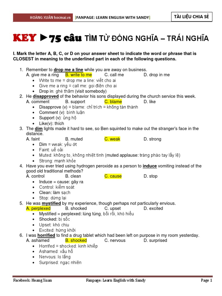 75 Cau Dong Nghia, Trai Nghia - Part 2 KEY | PDF