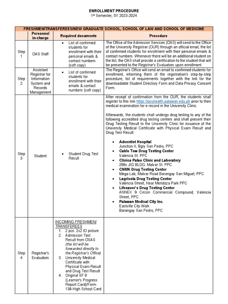 Enrollment Procedure Freshmen Main Campus Pdf