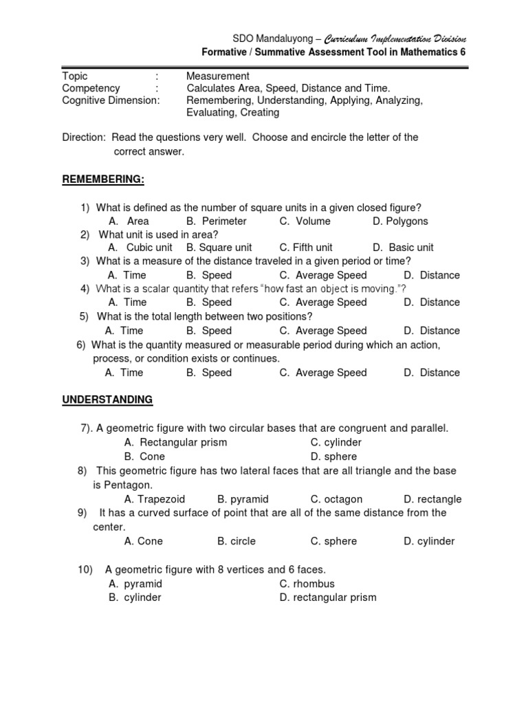 Math 6 Summative Assessment Tool | PDF | Area | Distance