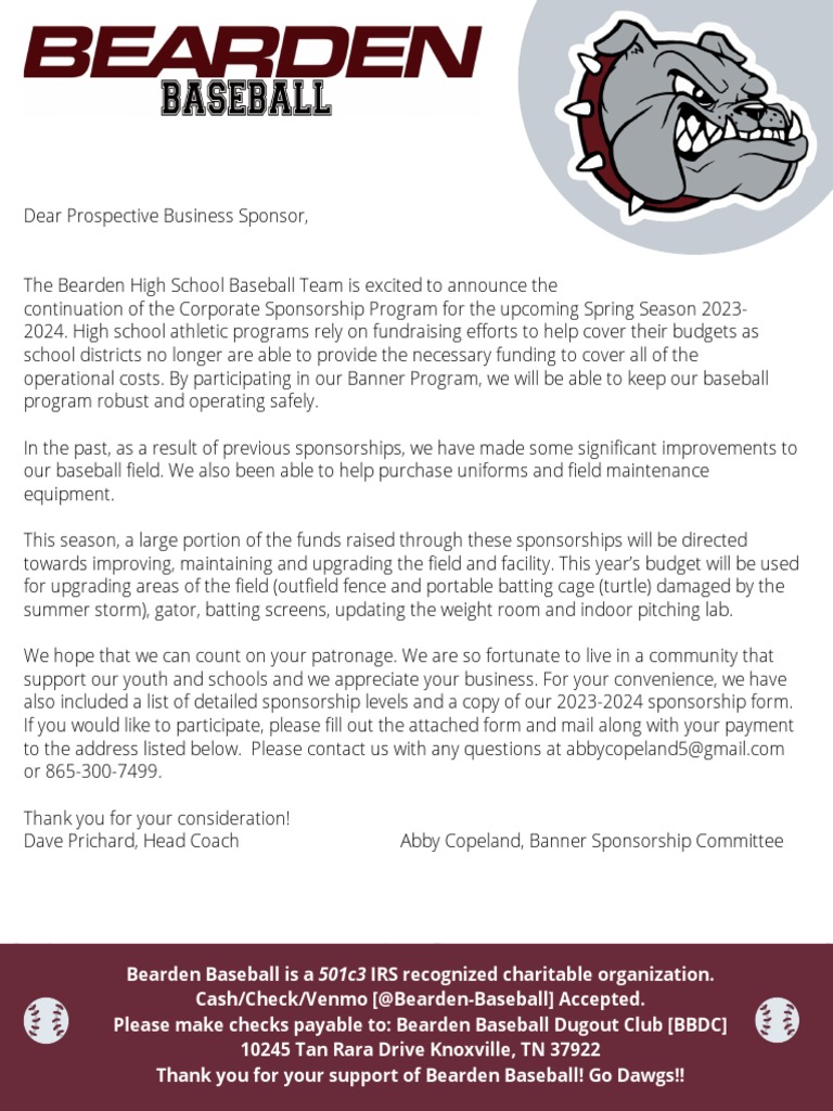 Bearden Baseball Sponsorship Program | PDF