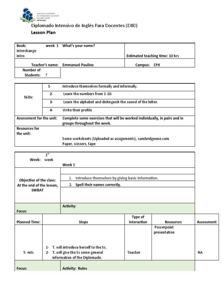 Lesson Plan Interchange Intro Week 1 | PDF | Lesson Plan | Linguistics