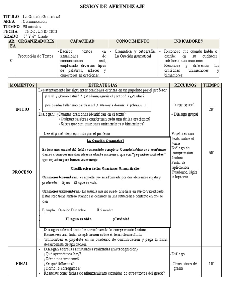 X Sesion Aprendizaje La Oracion | PDF | Asunto (gramática) | Oración ...
