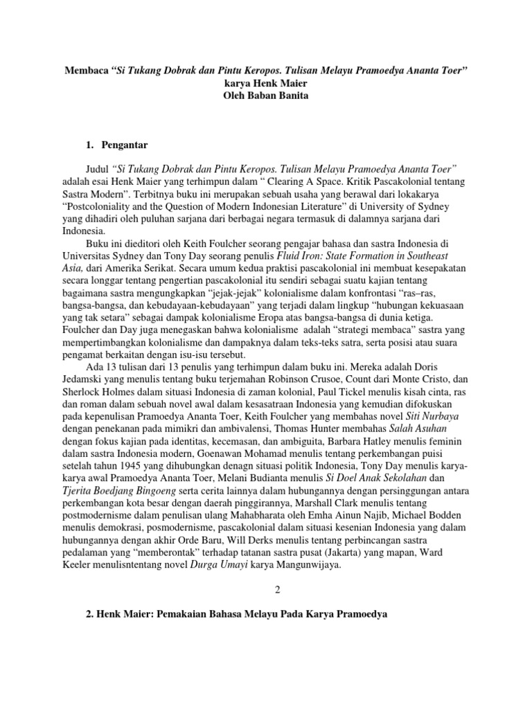 Baban Banita - Membaca "Si Tukang Dobrak Dan Pintu Keropos. Tulisan Melayu Pramoedya Ananta Toer ...