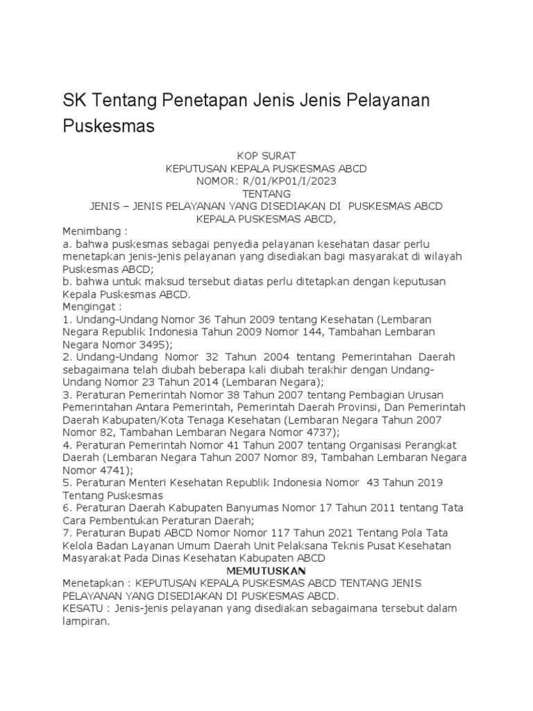 SK Tentang Penetapan Jenis Jenis Pelayanan Puskesmas | PDF