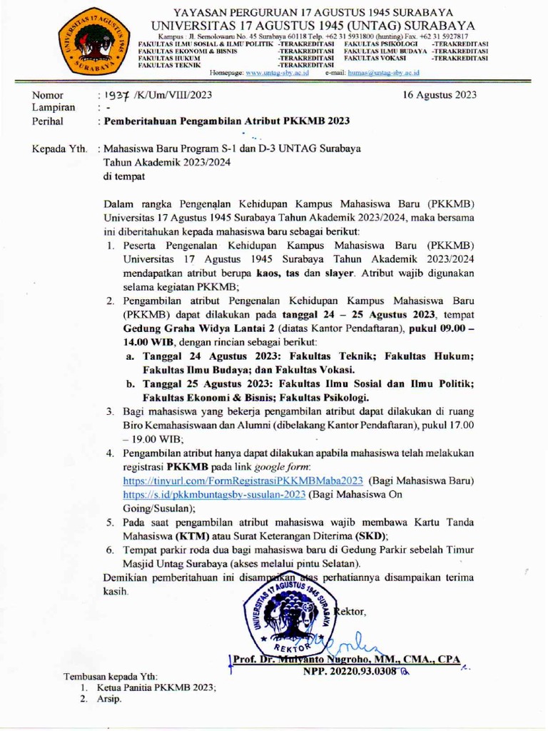 Pemberitahuan Pengambilan Atribut PKKMB 2023 | PDF