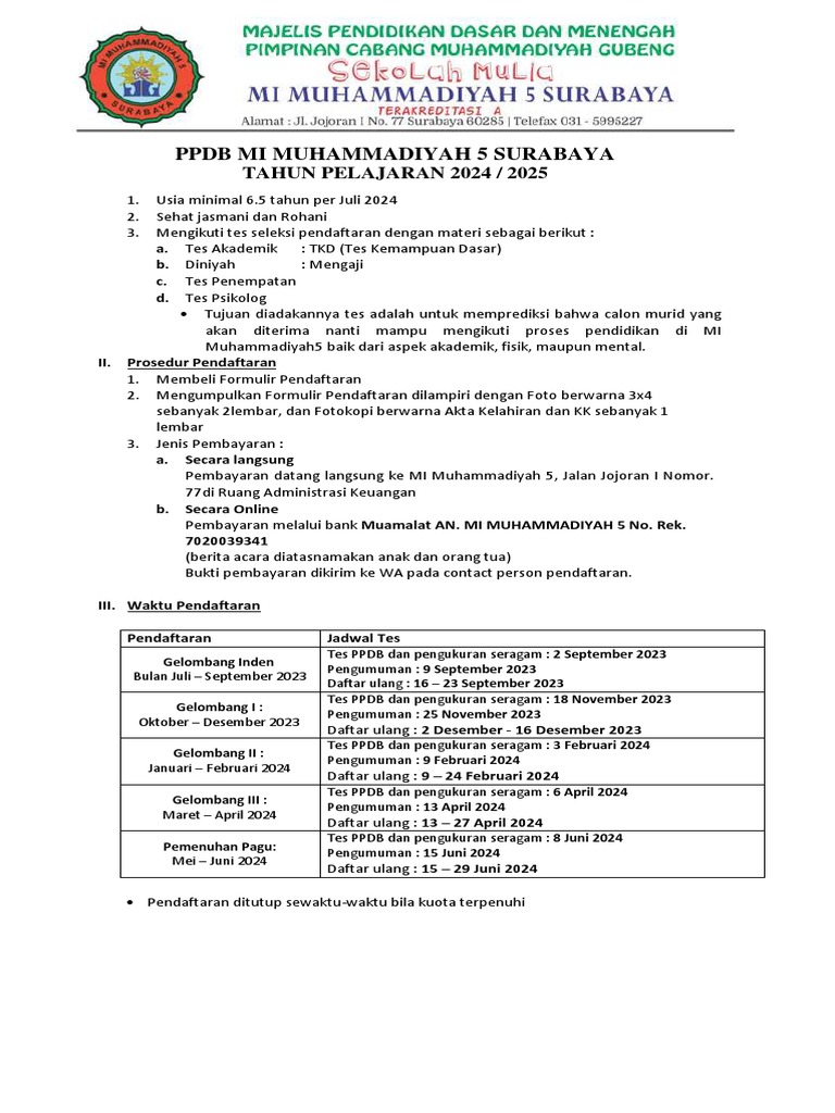RINCIAN BIAYA PPDB 2024 - 2025 | PDF