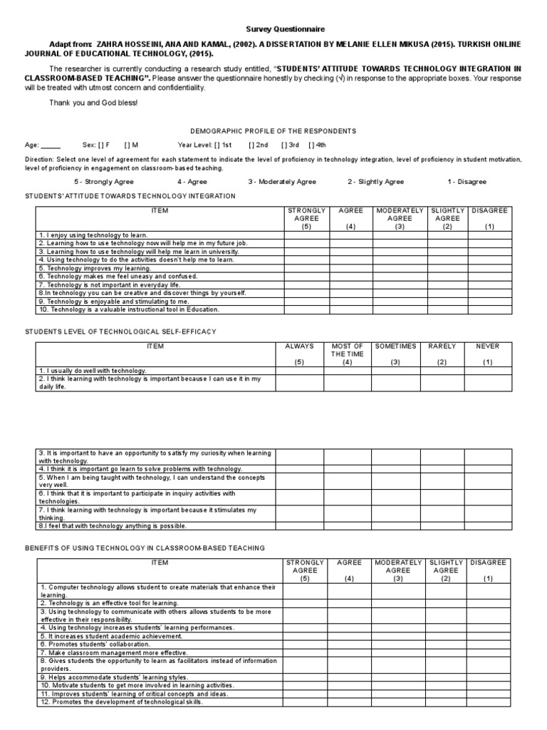 Appendix B - Survey Questionnaire | PDF | Learning | Psychological Concepts
