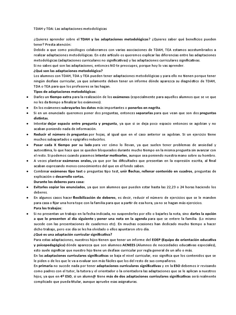 Adecuaciones Curriculares TDAH y TDA | PDF | Desorden hiperactivo y deficit de atencion