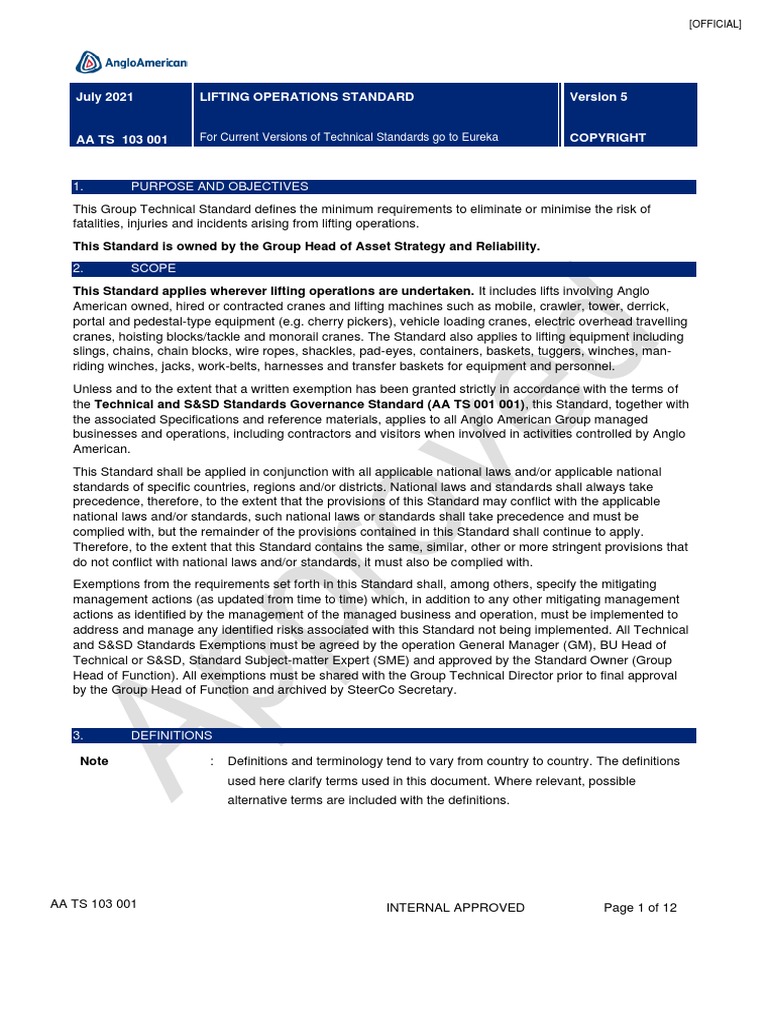 103 001 Lifting Operations Standard V5 Jul2021 - Approved PDF | PDF | Crane (Machine) | Elevator