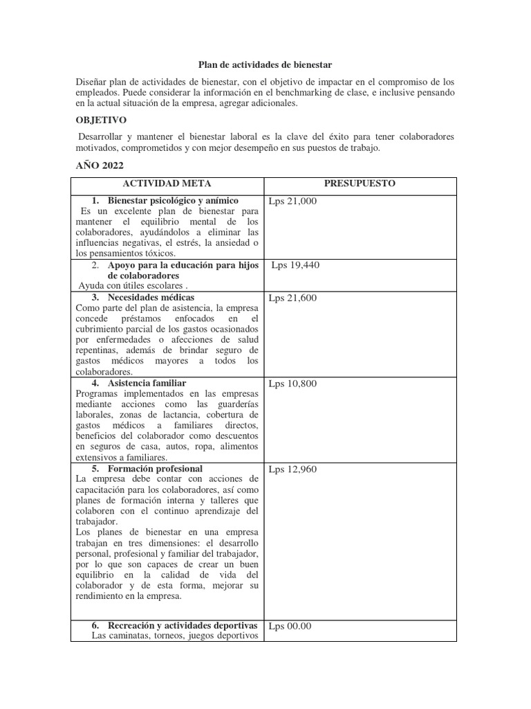 Plan De Actividades De Bienestar Pdf Business