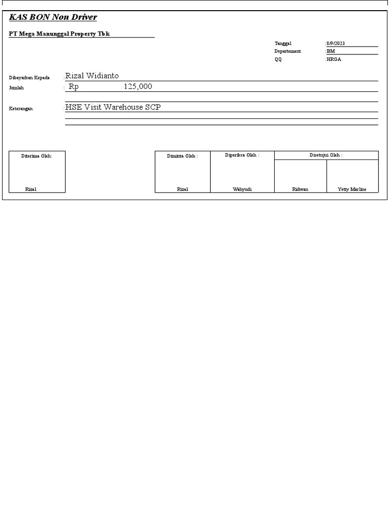 Form Kas Bon Non Driver | PDF