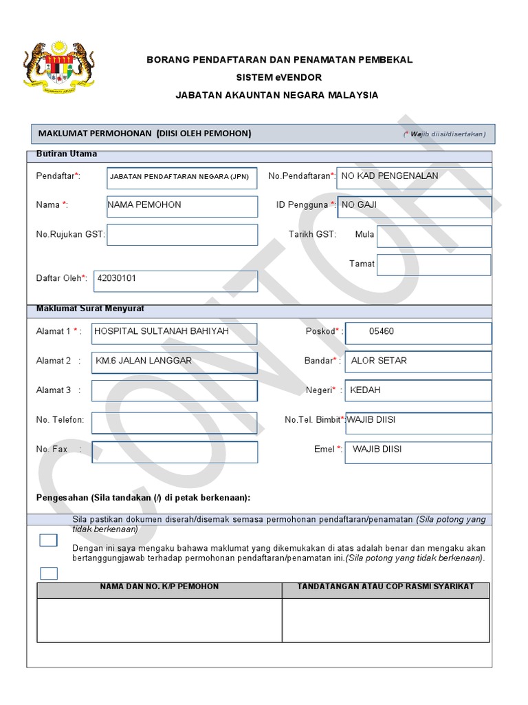BORANG EVENDOR CONTOH | PDF