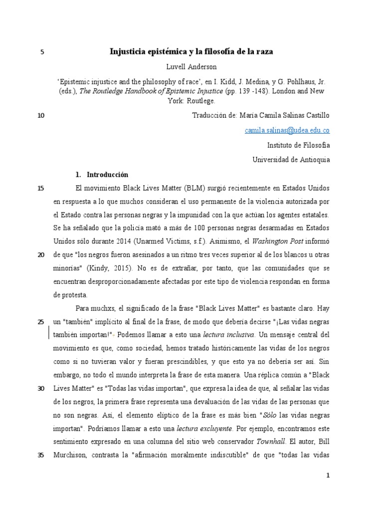 Anderson, Luvell. (2017) Injusticia Epistémica y Filosofía de La Raza | PDF