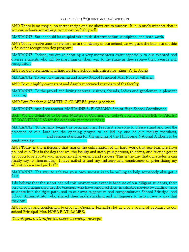 Script For 3rd Quarter Recognition | PDF