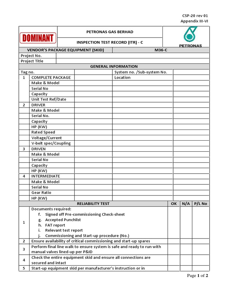 Petronas Gas Berhad Inspection Test Record (Itr) - C Vendor'S Package ...