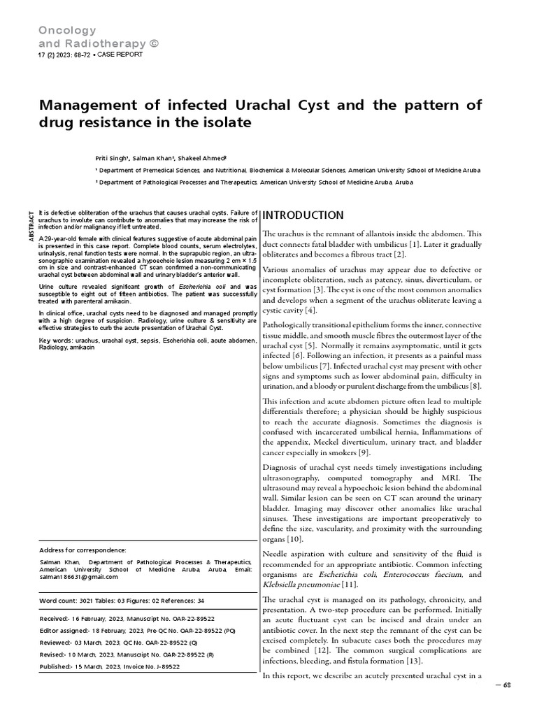 Management of Infected Urachal Cyst and The Pattern of Drug Resistance ...