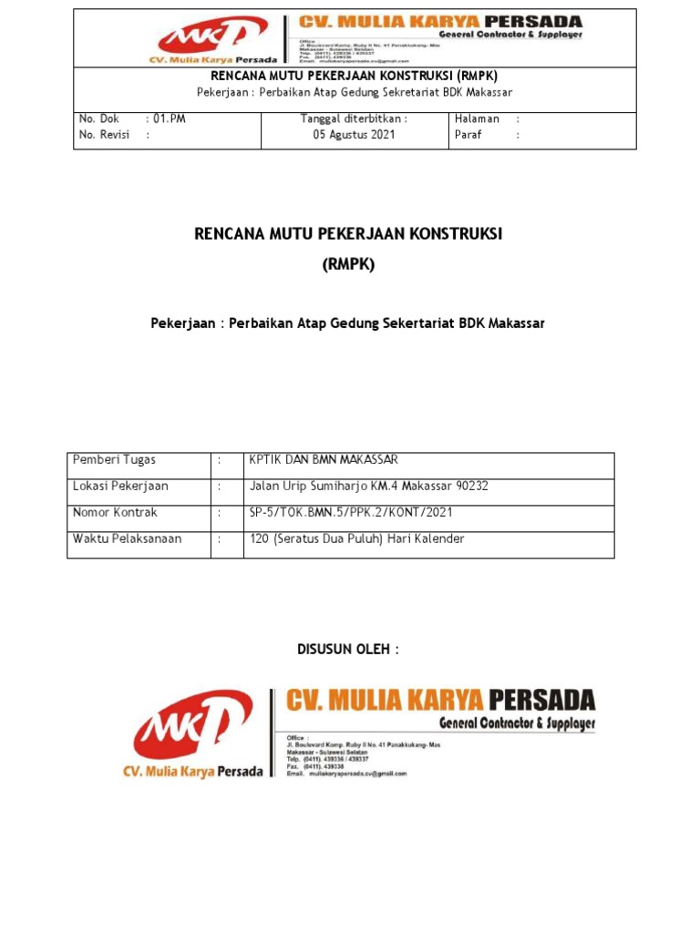 Rmpk Gedung Sekret Bdk Makassar by Cvmkp | PDF