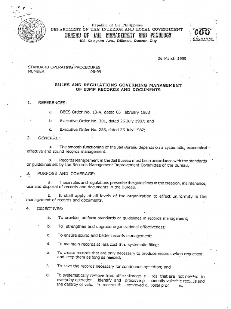 SOP 08 99 Rules and Regulations BJMP Records 26 March 1999 | PDF