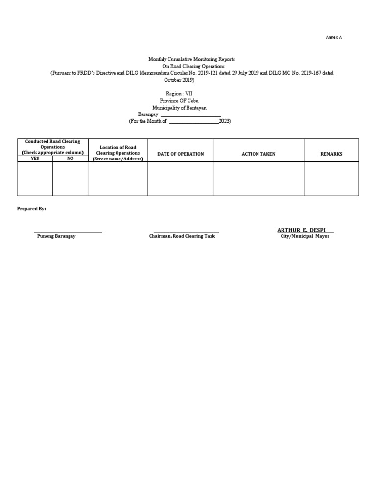 Monthly Road Clearing Report Template | PDF