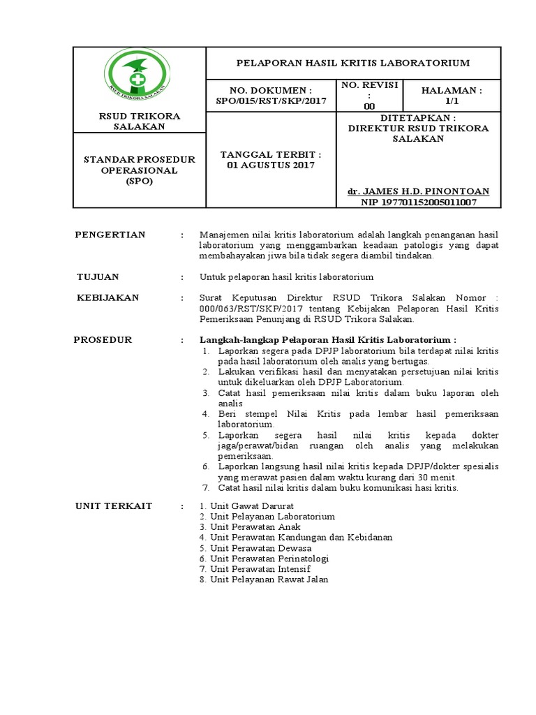 Prosedur Pelaporan Hasil Kritis Lab | PDF
