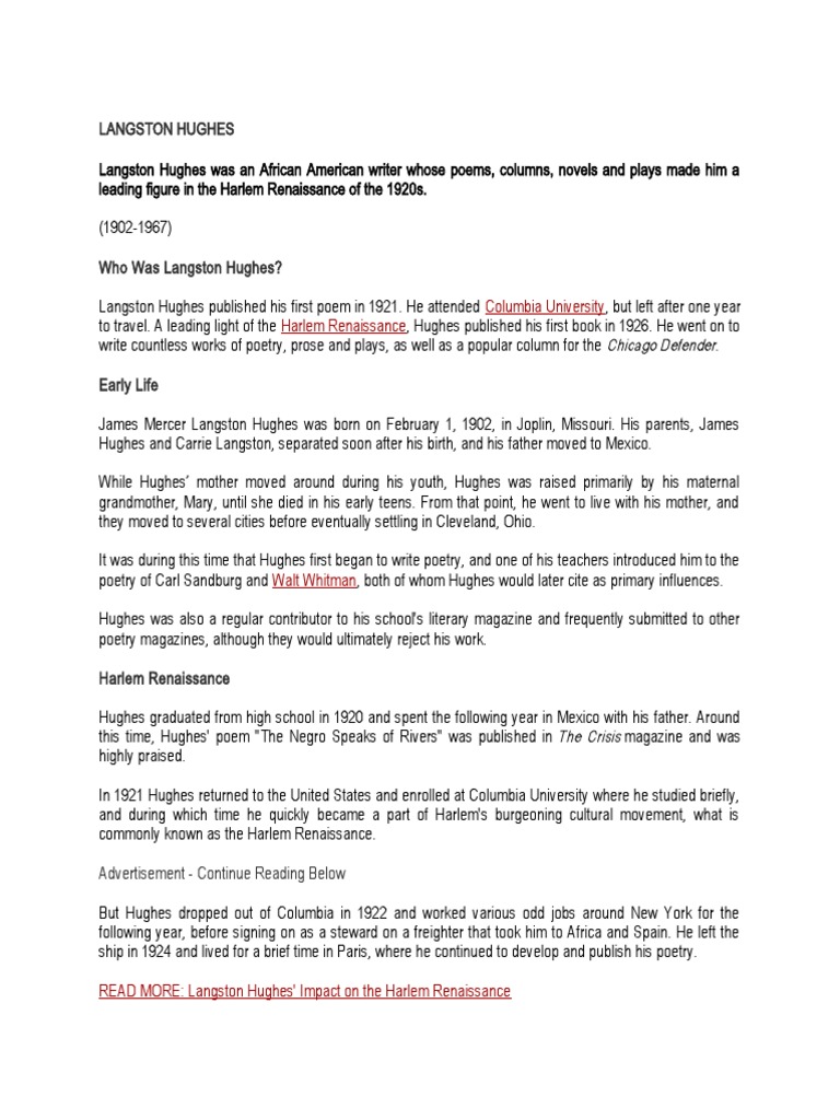 Langston Hughes Biography | PDF