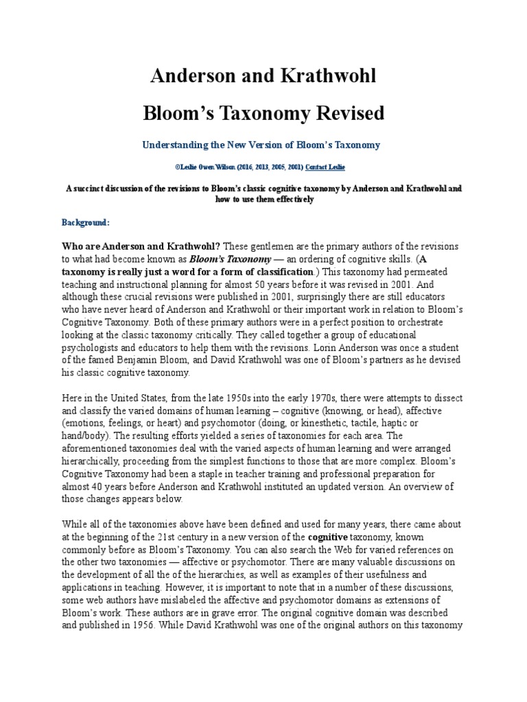 Anderson and Krathwohl - Revised Blooms Taxonomy | PDF | Knowledge ...