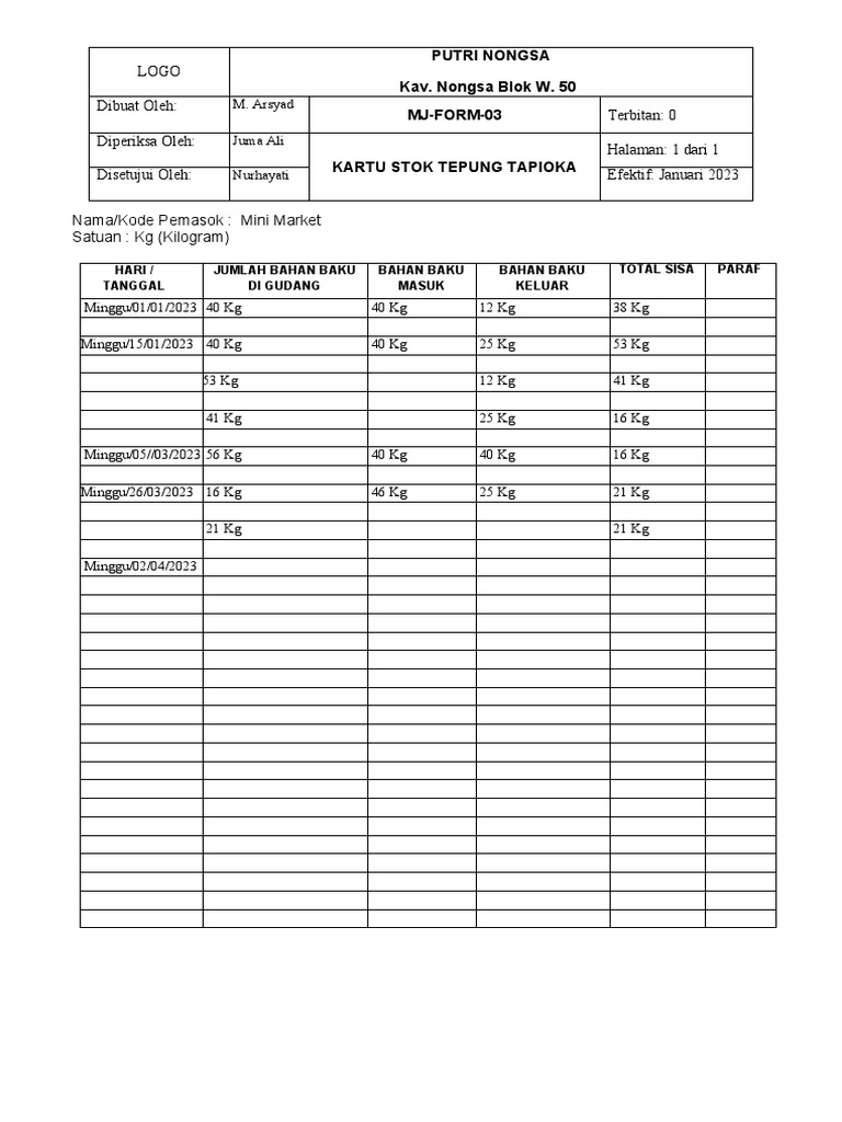 FORM-03-Kartu Stok Tepung Tapioka | PDF