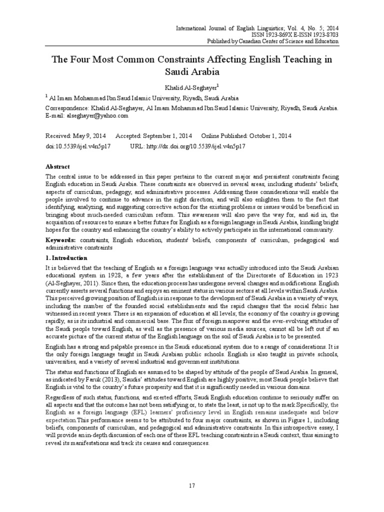 (Al Seghayer 2014) The 4 Most Common Constraints Afecting English ...