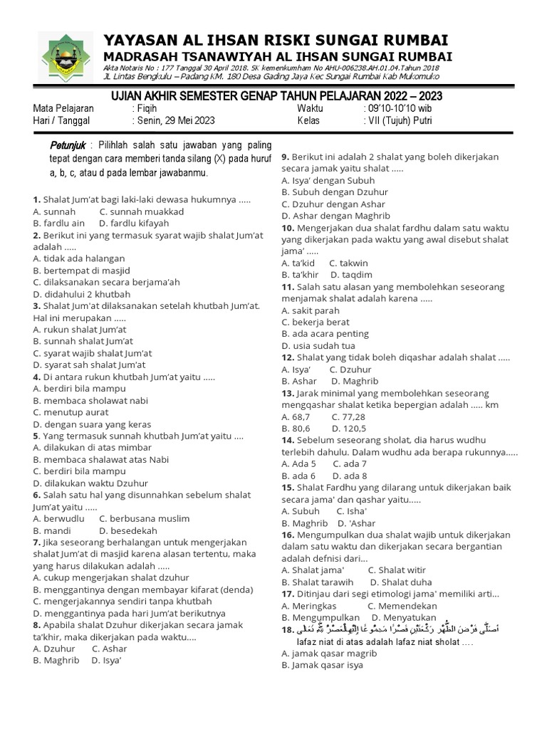 Soal Fiqih Kelas 7 Uas Genap 2023 | PDF