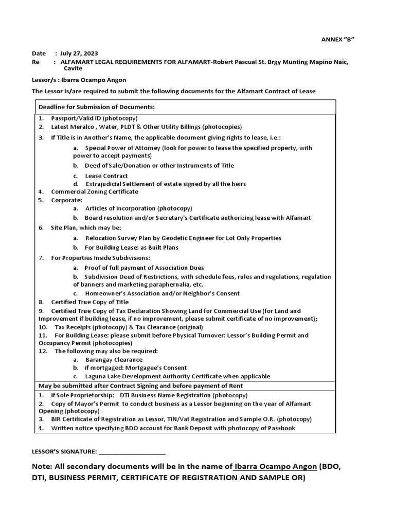 AnnexB-LegalRequirements - SPA FORMAT | PDF | Lease | Mortgage Law