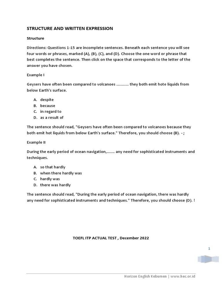 TOEFL ITP Structure Practice Test | PDF | Test Of English As A Foreign ...