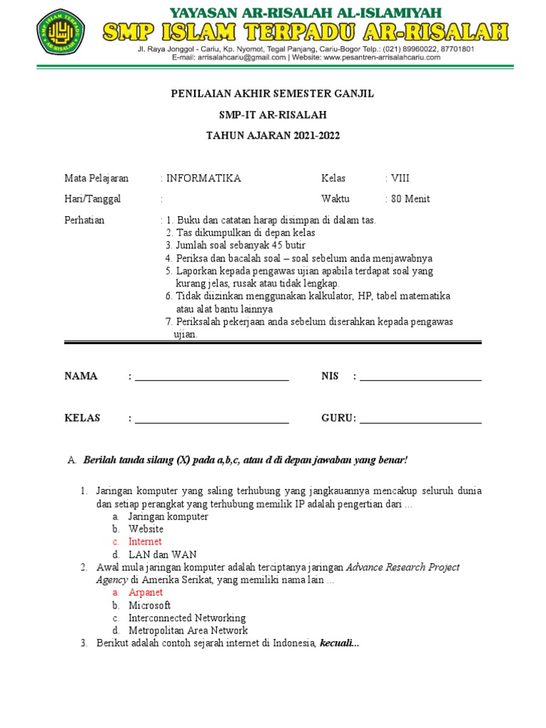 Soal, Jawaban, Dan Kisi-Kisi Tik Kelas 8 | PDF