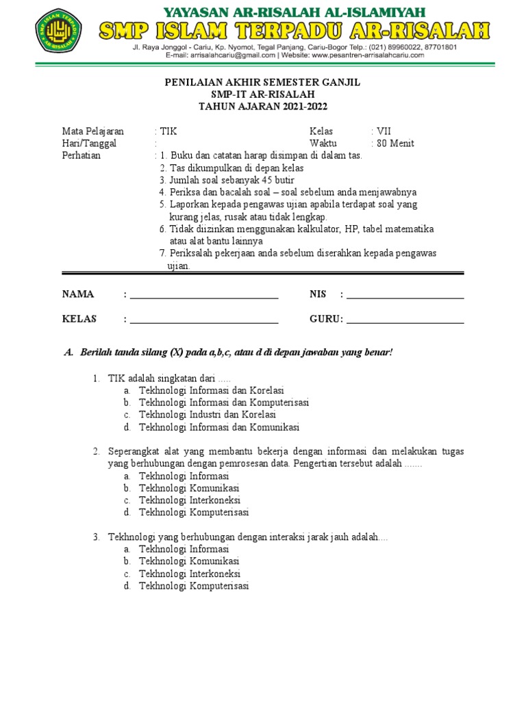 Soal, Jawaban, Dan Kisi-Kisi Tik Kelas 7 | PDF | Komputer | Teknologi & Rekayasa