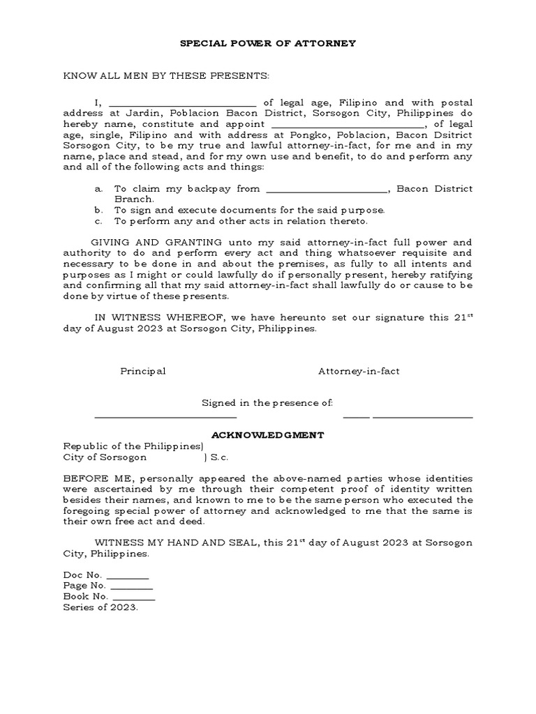 Special Power of Attorney Form | PDF