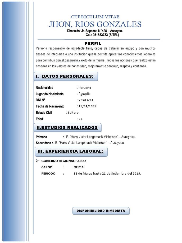 Curriculum de Vitae JHON, RIOS GONZALES | PDF | Salud y bienestar