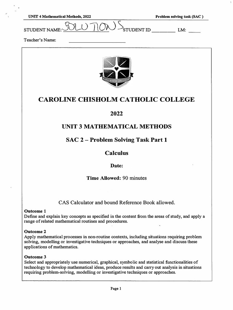 12MM Calculus SAC Part 1 Solutions 2022 | PDF | Mathematics | Function ...