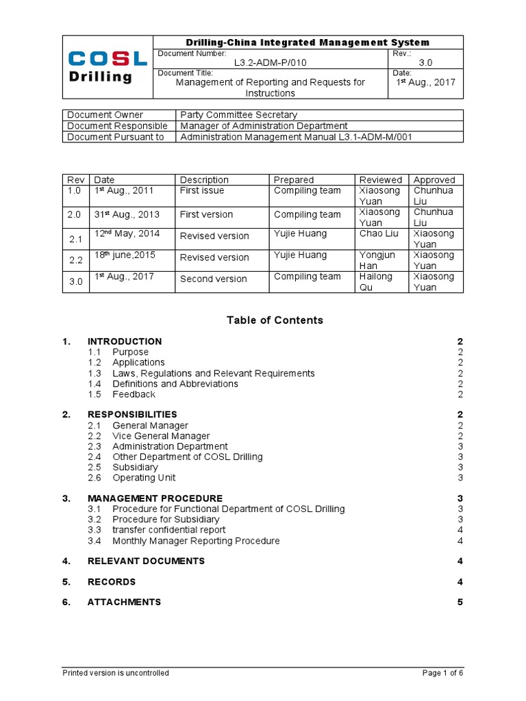 L3.2-ADM-P010 - Management of Reporting and Requests For Instructions | PDF | Computing