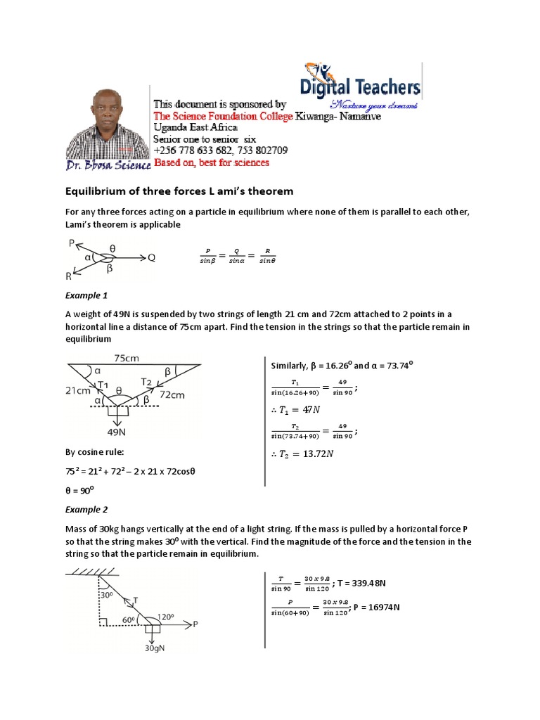 A Level Math Paper 2 Equlibrium of Three Forces Lamis Theorem 1 | PDF ...