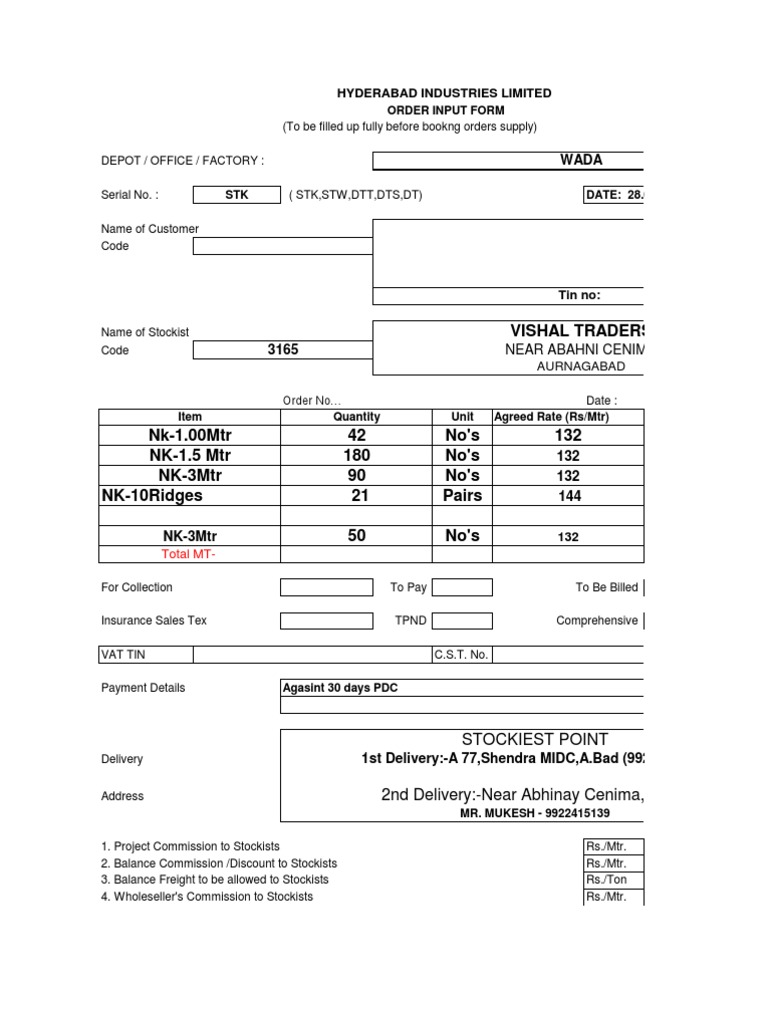 Order Input Form for Stockists | PDF